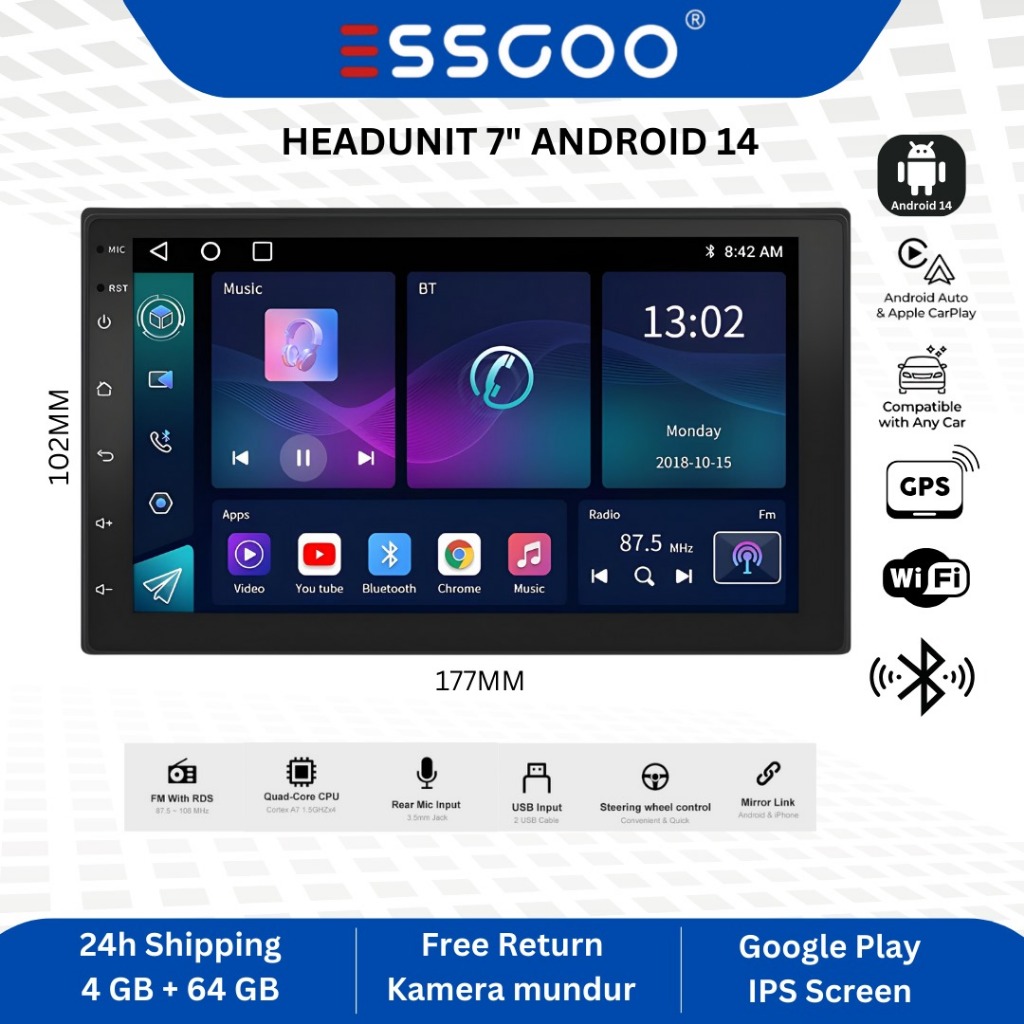 Jual ESSGOO Head Unit Android 14 Mobil 4GB+64GB 7 Inch 2 Din Kontrol Suhu IPS Layer Mobil ...