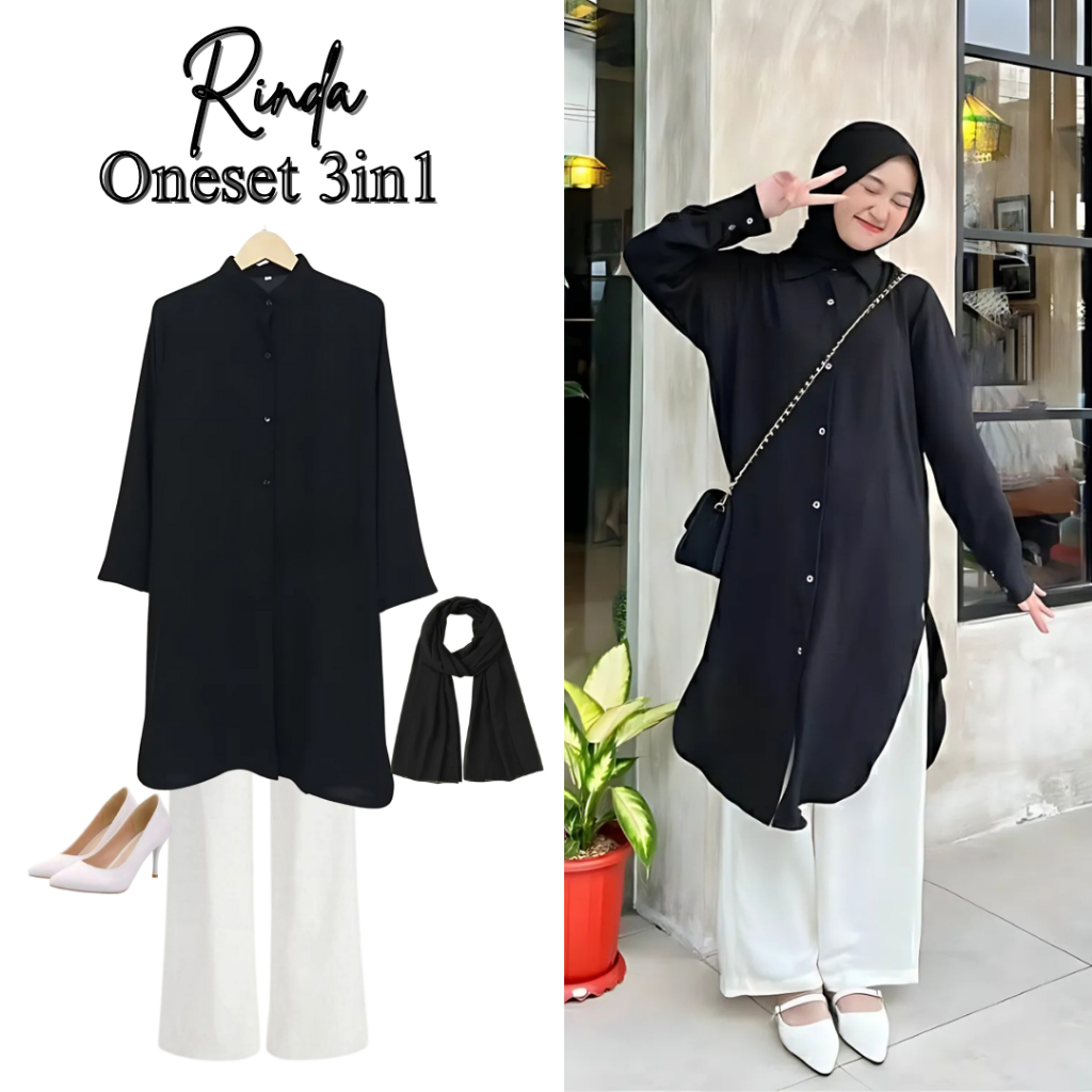 Jual oneset 3in1 Kanaya tunik hitam polos celana putih kulot highwaist ...