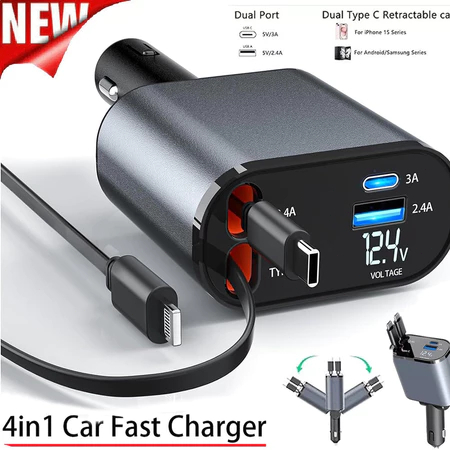 Jual 4 in1 Car Charger Mobil Charger Retractable Type C Lightning IOS ...