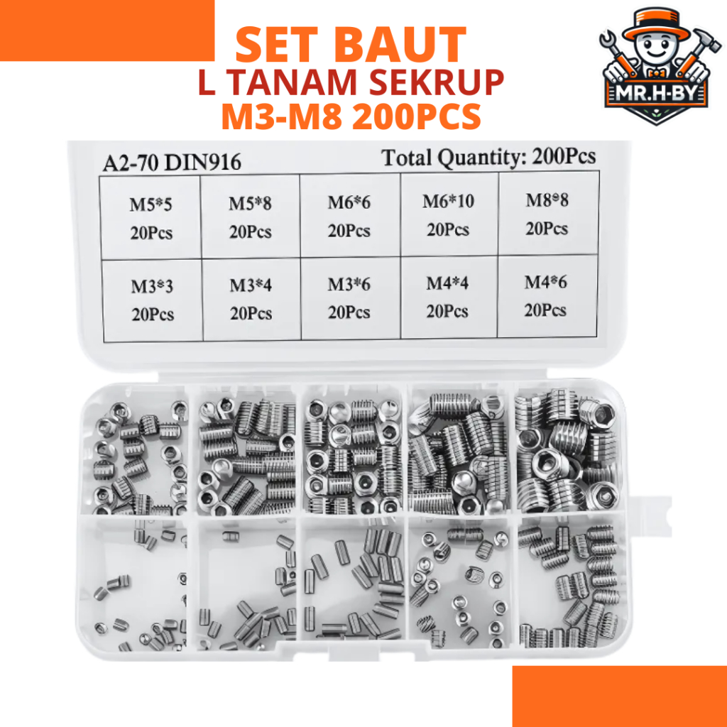 Jual Set Baut L Tanam Sekrup Soket Hex M3-M8 Headless - 200 PCS - MR ...