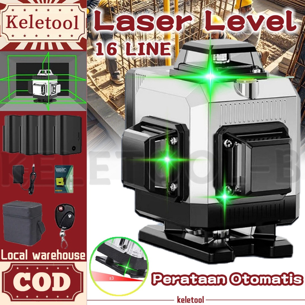 Jual 16 Line Laser Tukang Bangunan Multifungsi Waterpass 360° 4D Rotari Laser Sinar Hijau Self ...