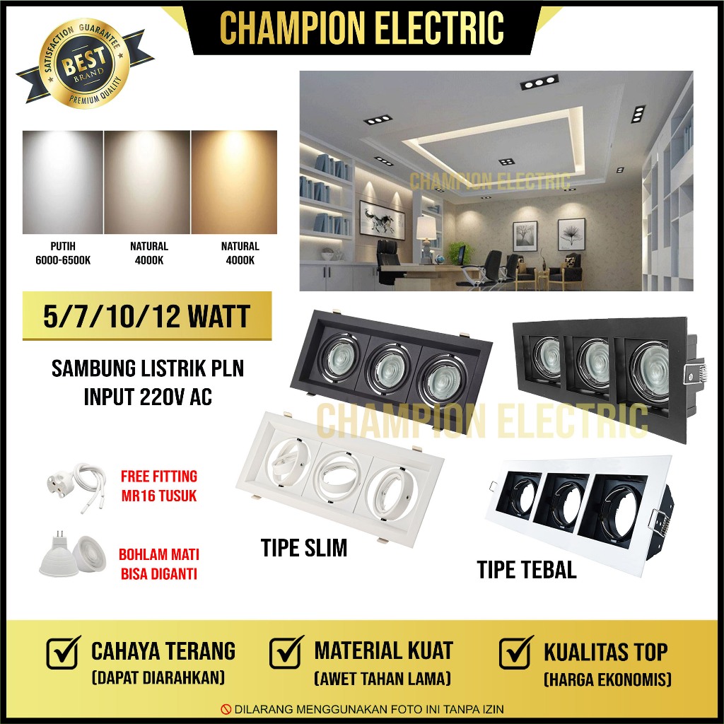 Jual Kap Lampu Sorot Tanam 3 Mata Kotak Gratis Fitting Tusuk MR16 ...