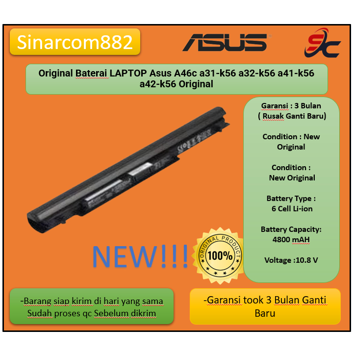 Jual Original Baterai Asus A31-K56, A32-K56, A41-K56, A42-K56 | Shopee Indonesia