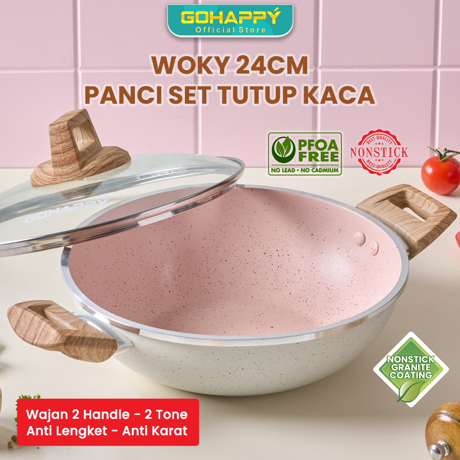 Jual Gohappy woky 24cm wajan wok pan 2handle whitepink granit INDUCTION BOTTOM Panci anti ...