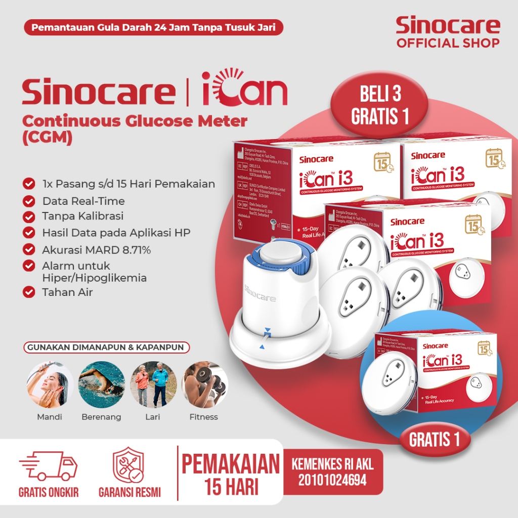 Jual (BUY 3 FREE 1)CGM Sinocare ican i3 - Sensor Glukosa Akurat 24 Jam ...