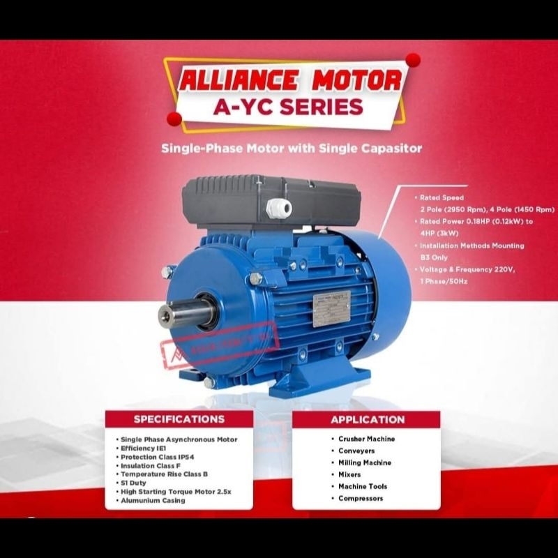Jual Alliance Dinamo 1 Phase 1 HP 0.75 KW 2800rpm AYC Single Capacitor 100% LILITAN TEMBAGA ...