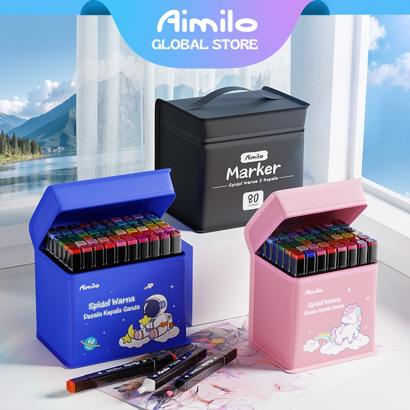 Jual Aimilo Spidol Warna Warni 1 Set Sketch Marker 2 Tip kartun Touch ...
