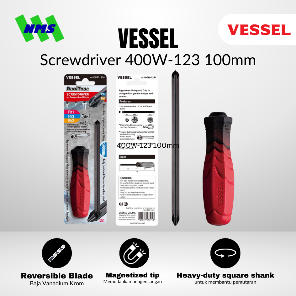 Jual Obeng Bolak Balik VESSEL Screwdriver with Reversible Bit No 400W ...