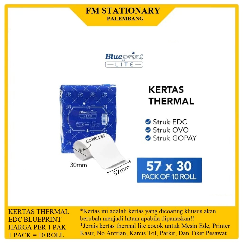Jual Kertas Thermal Printer Kasir Blueprint 57x30mm (1pack) | Shopee ...