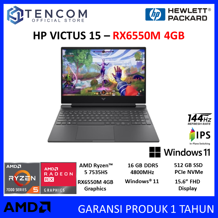 Jual LAPTOP HP VICTUS 15 RX6550M 4GB RYZEN 5 7535HS 16GB 512GB W11 15.6 ...