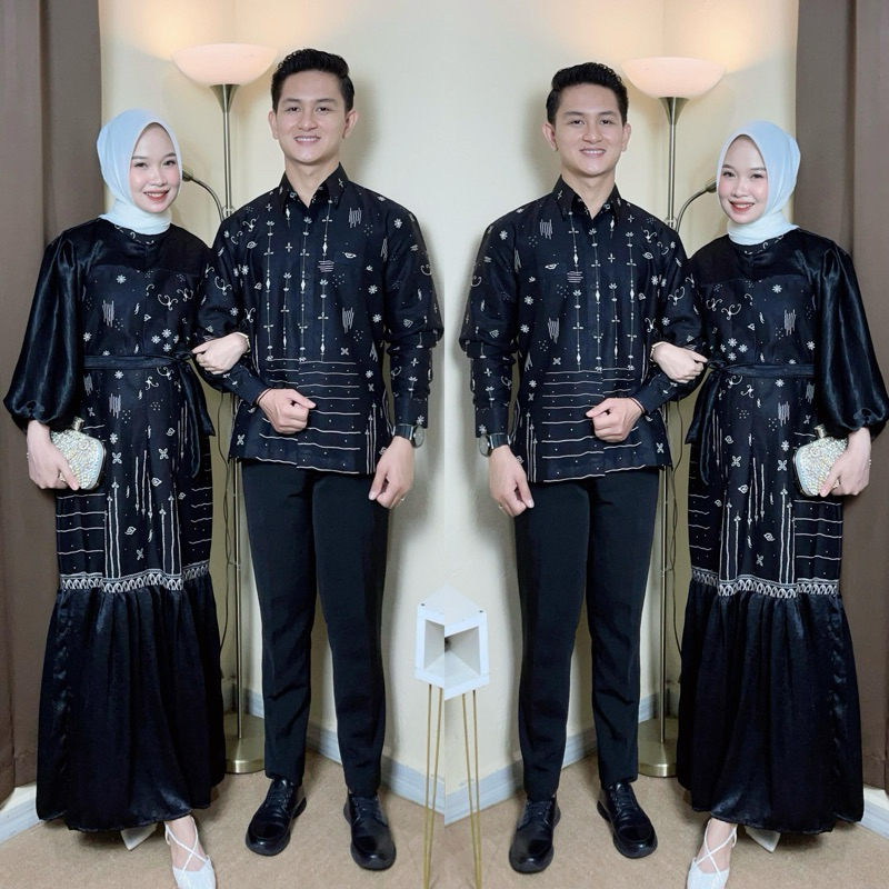 Jual Shanum Hitam Gamis Couple Set Hijab Batik Kombinasi Polos ...