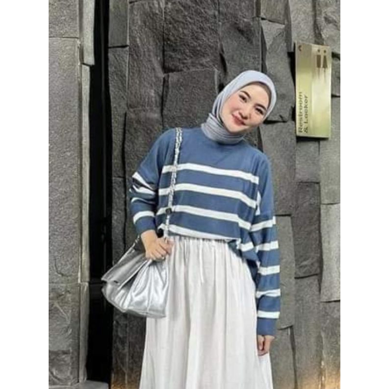 Jual Maudy Sweater Rajut Garis Garis Atasan Rajut Wanita Korean Style ...