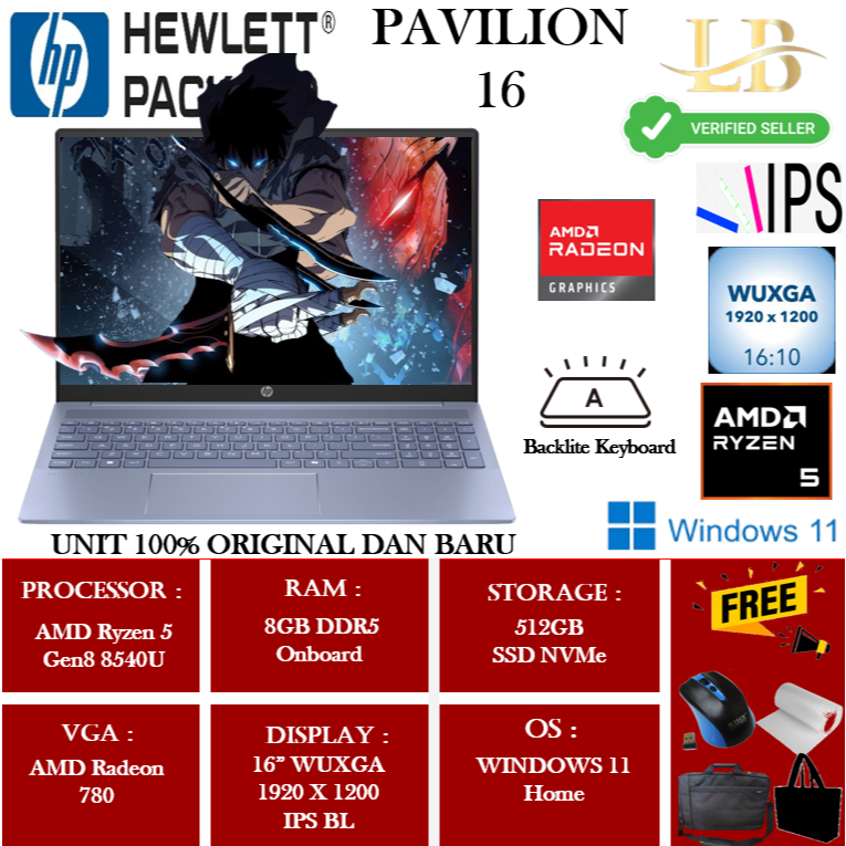 Jual Laptop Gaming Hp Pavilion 16 AMD Ryzen 5 8540U 8GB 512GB 16"WUXGA IPS BL Win11Home | Shopee ...