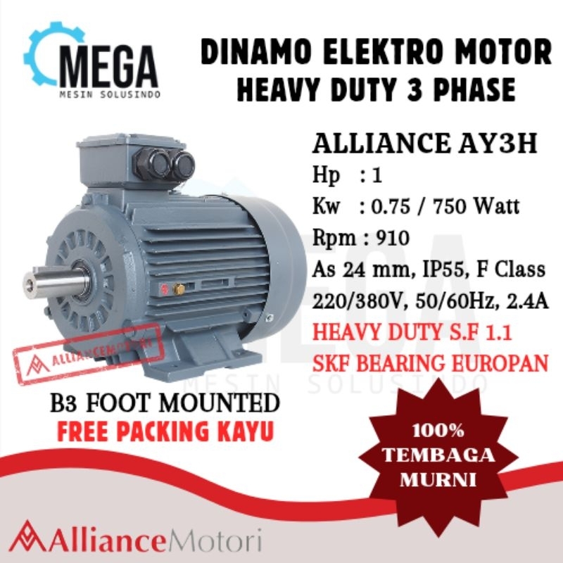 Jual Alliance Dinamo 3 Phase 1 HP 0.75 KW 900rpm HEAVY DUTY -- AY3H 6 Pole Electro Motor LILITAN ...