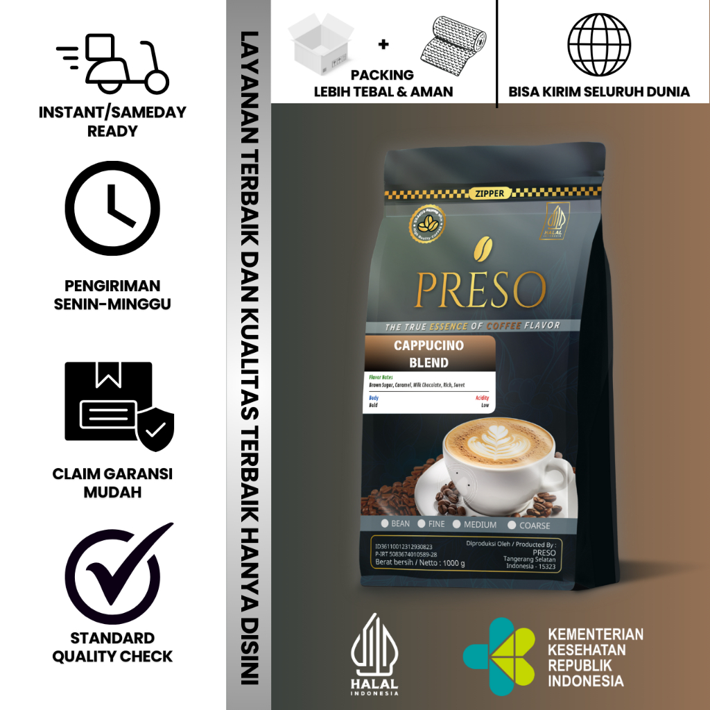 Jual PRESO Biji Kopi Bubuk Cappucino Blend House Blend 100% Robusta ...