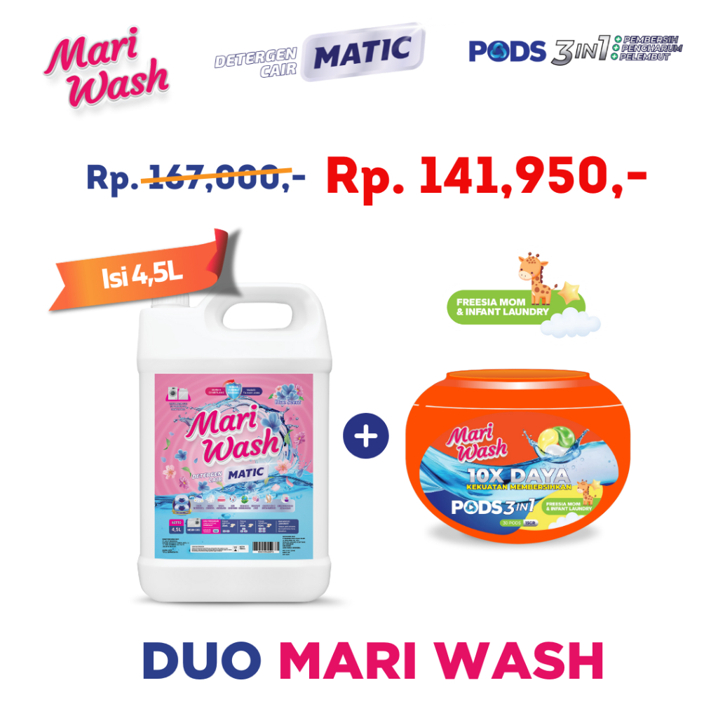 Jual PAKET DUO – MARI WASH Liquid Detergent Matic + MARI WASH Pods 3in1 ...