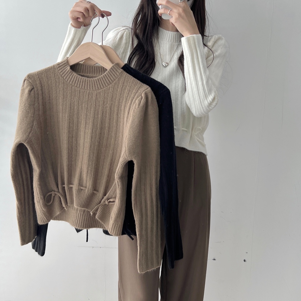 Jual Karley - Sweater Wanita Rajutan Bergaris Kerah Polo Sweter Lubang Robek Pendek Atasan Gaya ...