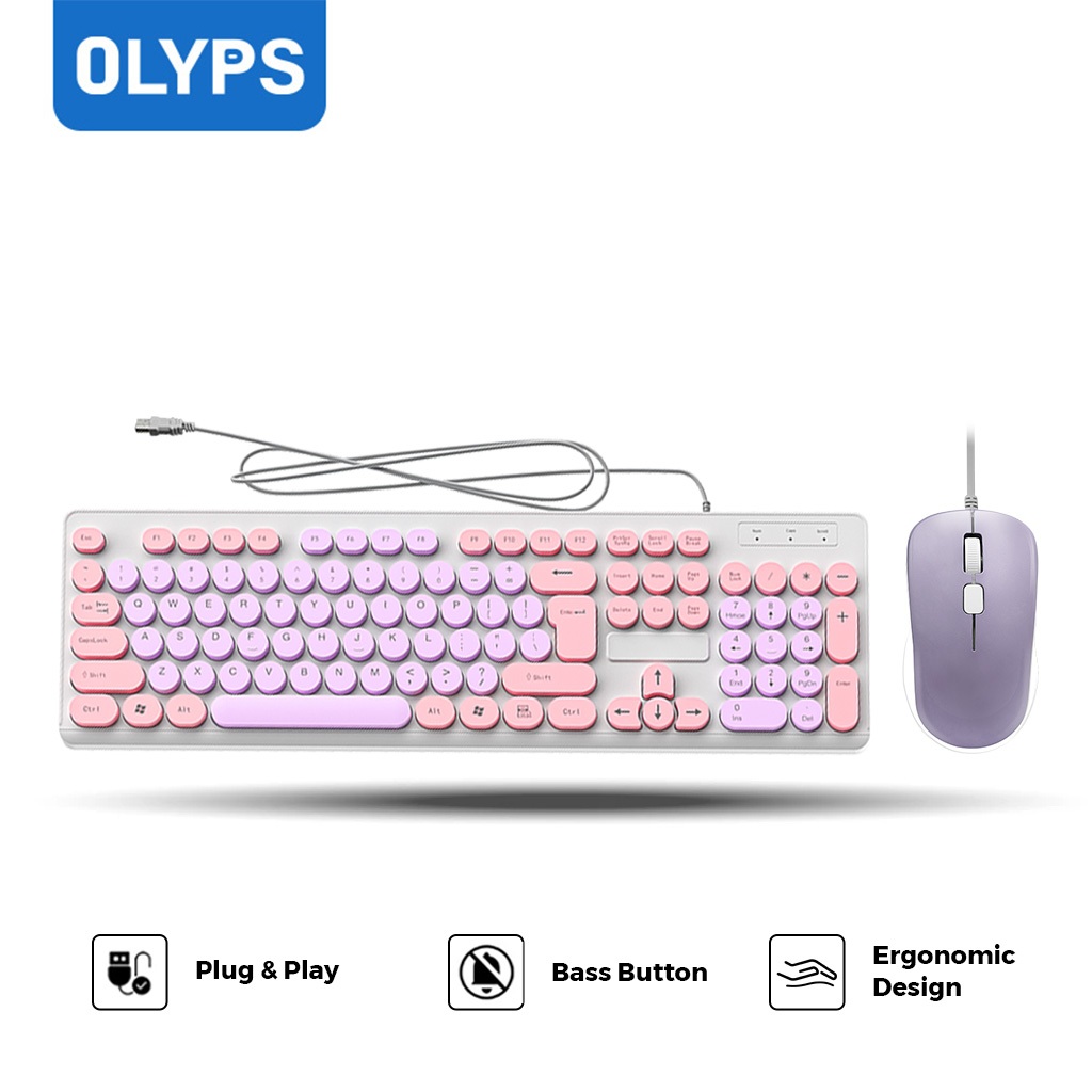 Jual OLYPS Keyboard & Mouse Kabel Paket 104 Keys Tuts Bulat Macarons ...