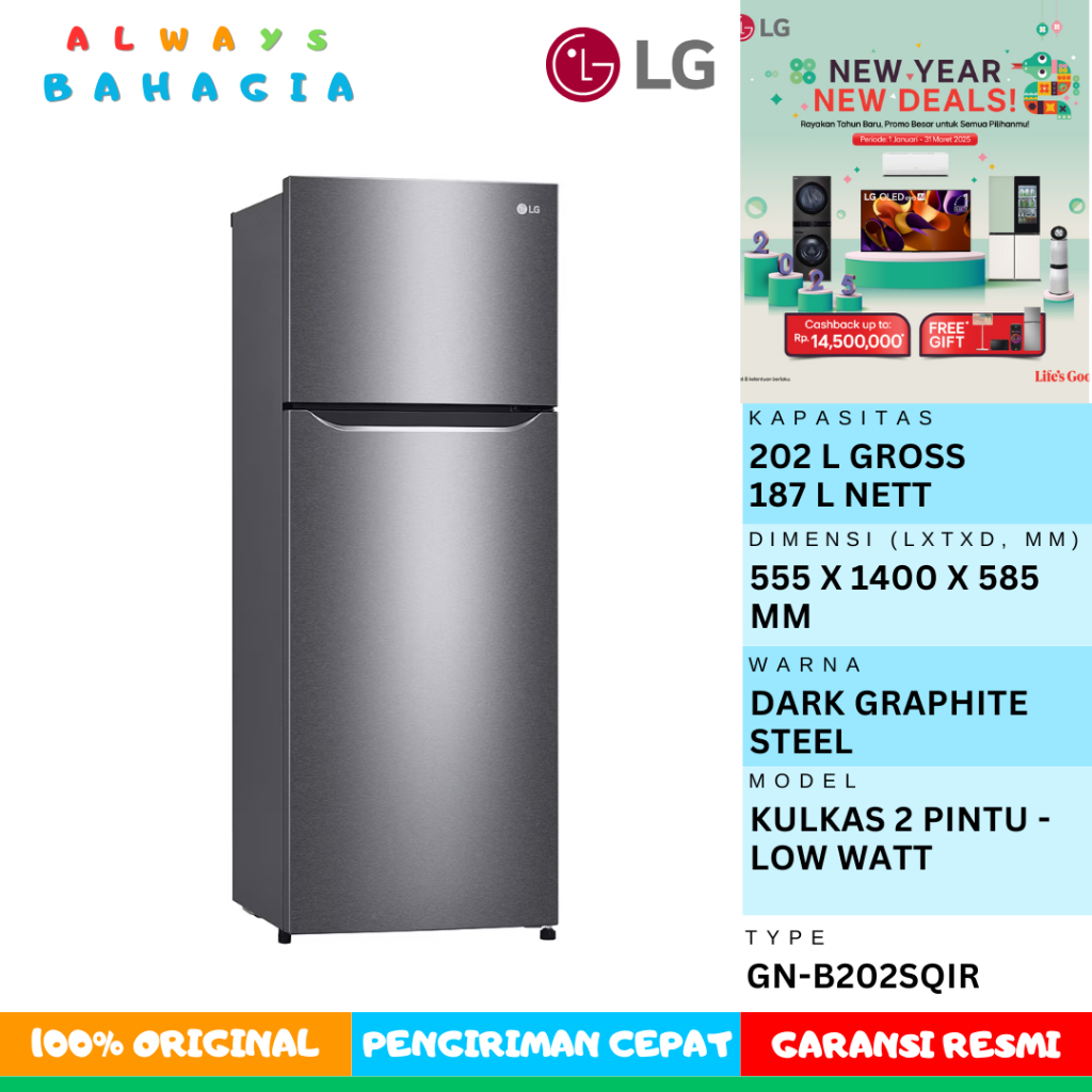 Jual LG GN-B202SQIR Kulkas 2 Pintu 202L Gross/187L Nett Low Watt | Shopee Indonesia