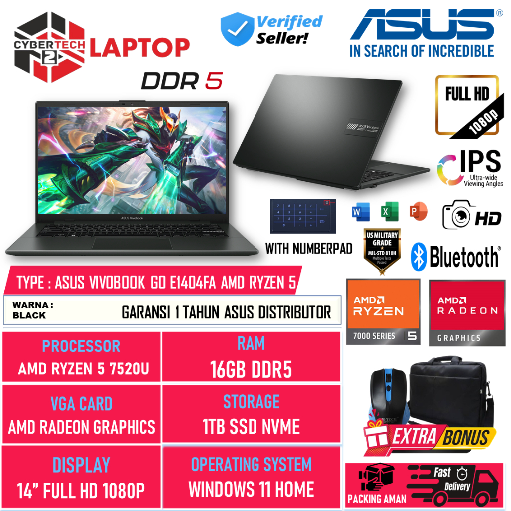 Jual Laptop Terbaru Asus Vivobook Go 14 E1404FA Amd Ryzen 5 7520U 16GB DDR5 1TB 14 inch Full HD ...