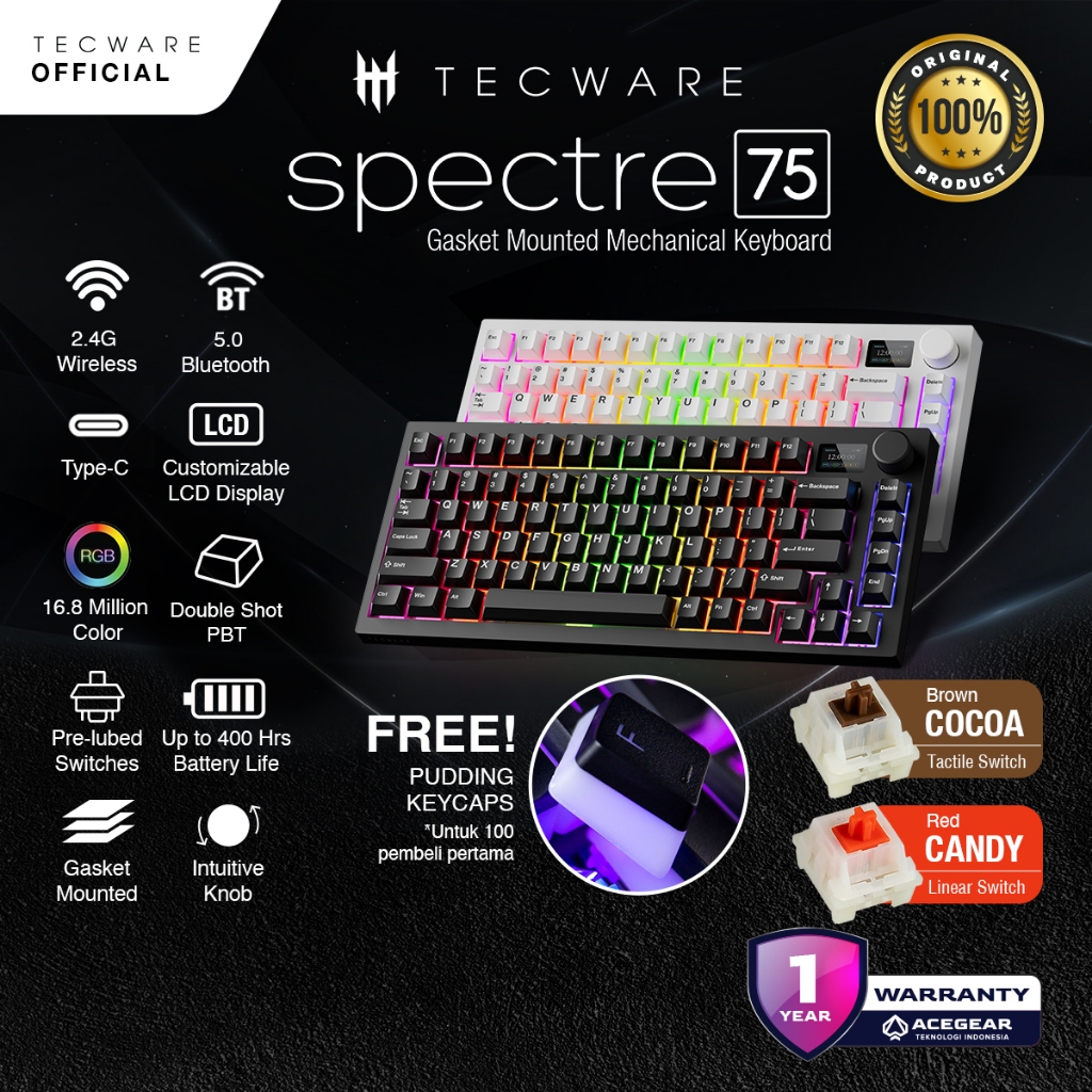 Jual TECWARE SPECTRE 75 3-Mode gasket mounted wireless gaming keyboard ...