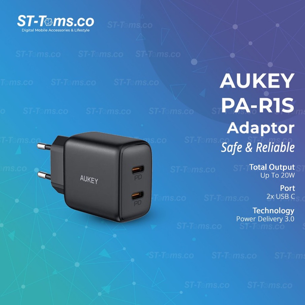 Jual Aukey Adaptor Charger Dual Port Type C 20W PD 3.0 Fast Charging PA-R1S-BK | Shopee Indonesia
