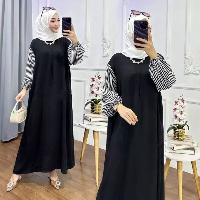 Jual LISHA DRESS GAMIS CRINKLE KOMBINASI SALUR RAYON PREMIUM BUSUI LENGAN 7/8 BY THUFAIL ...