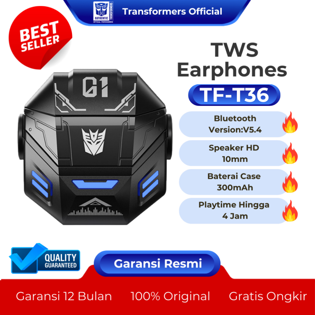 Jual Transformers TWS TF-T36 Earphone Wireless Bluetooth 5.4 HiFi sound dan Daya Tahan Baterai ...