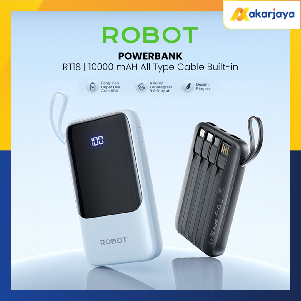 Jual Robot RT18 Powerbank 10000mAh All Cable Type Built-in Two Way Fast Charging 15W With LED ...