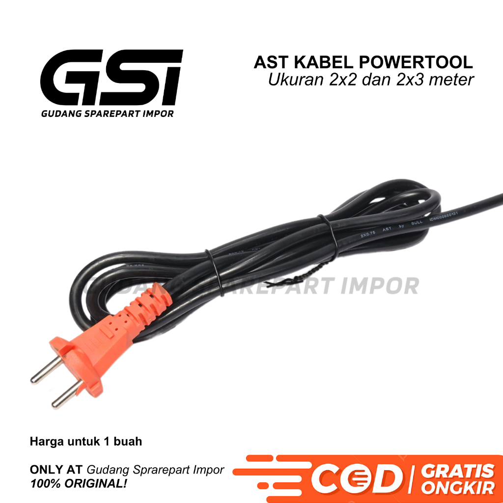 Jual AST Kabel Mesin 2x2 meter dan 2x3 meter / Powertool Cable 2 pins AST by BULL | Shopee Indonesia