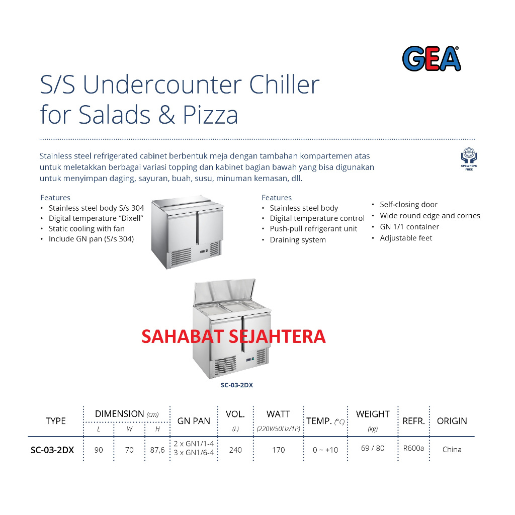 Jual GEA S/s Undercounter Chiller for Salads & Pizza SC-03-2DX Cabinet ...