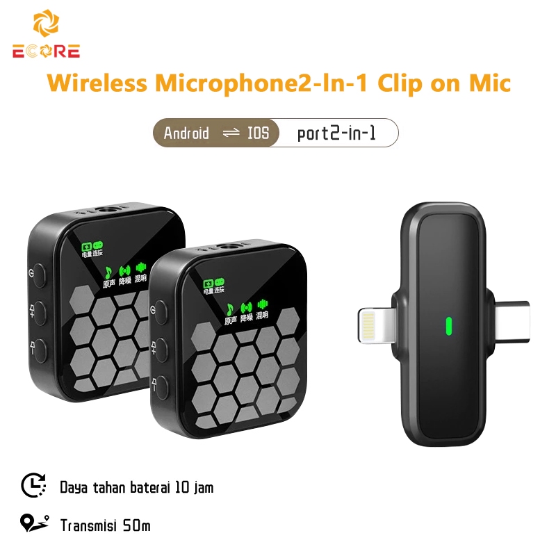 Jual ECORE J33 Wireless Microphone 2-In-1 Clip On Mic Mikrofon Lavalier ...