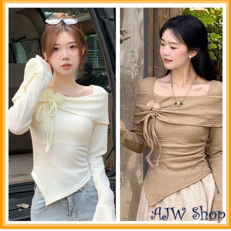 Jual AJW Atasan Wanita Ribbon Top Lengan Panjang RQT | Pakaian Wanita Rajut Ribbon Lengan ...