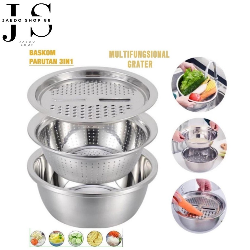 Jual 3IN1 Parutan Baskom Stainless Steel 26CM || Pemarut Peniris Baskom ...