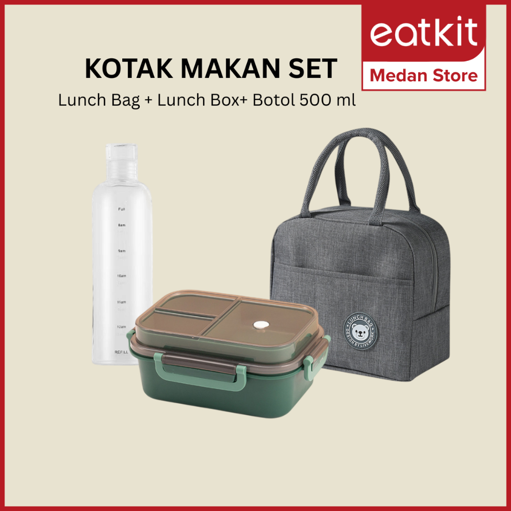 Jual [Medan Ready Stock]Eatkit 3in1 Kotak Makan Set Tempat Makan 2 Tingkat 3 Sekat Anti Tumpah I ...