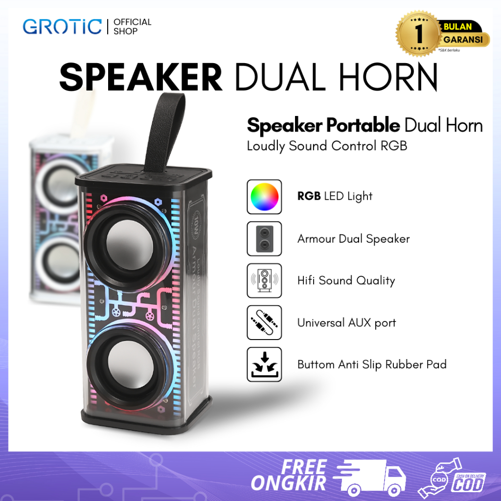 Jual GROTIC Speaker Bluetooth 10W Dual-Horn RGB LED Light Transparent ...