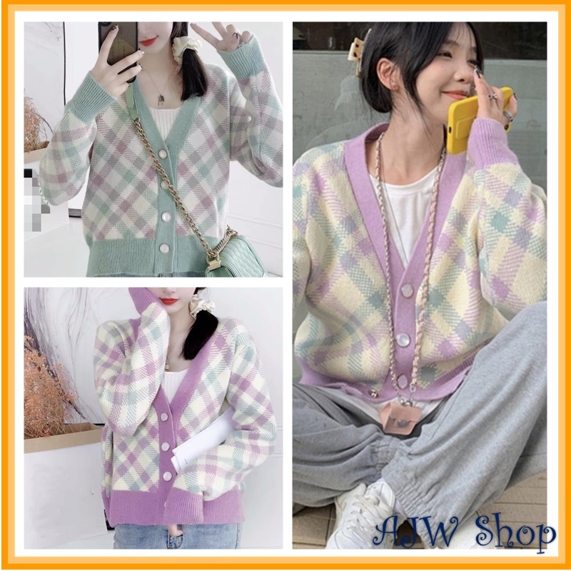 Jual AJW Cardigan Square Knit Lengan Panjang Premium WDF | Cardigan Kotak - Kotak Rajut Kancing ...