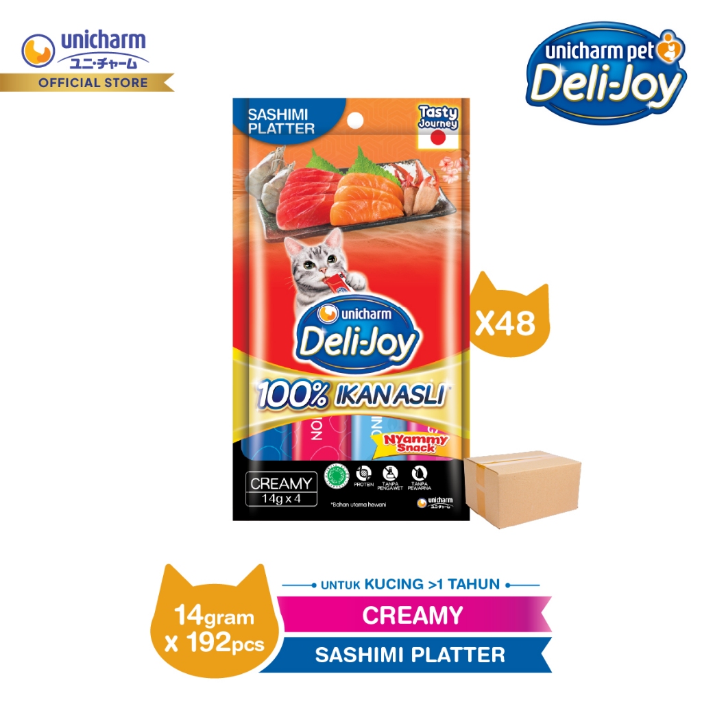Jual Deli-Joy Snack Kucing Basah 14g - Creamy Rasa Sashimi Platte - 48 ...