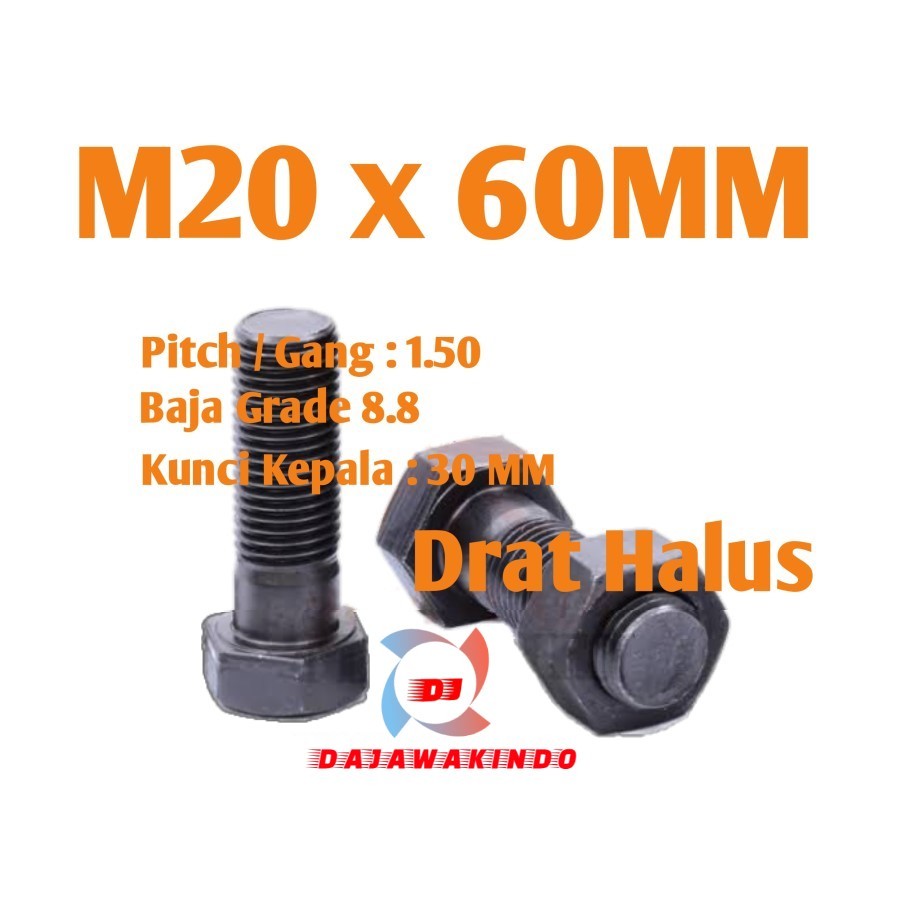 Jual Baut Mur Baja 8.8 Drat Halus M20 x 60 MM / Baja 8.8 Drat Halus | Shopee Indonesia