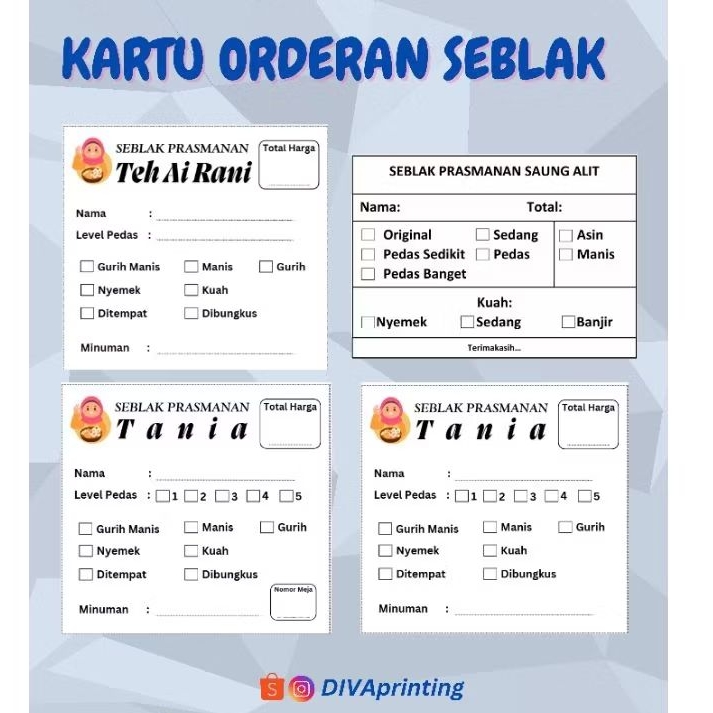 Jual Kartu pesanana seblak/kertas orderan seblak | Shopee Indonesia