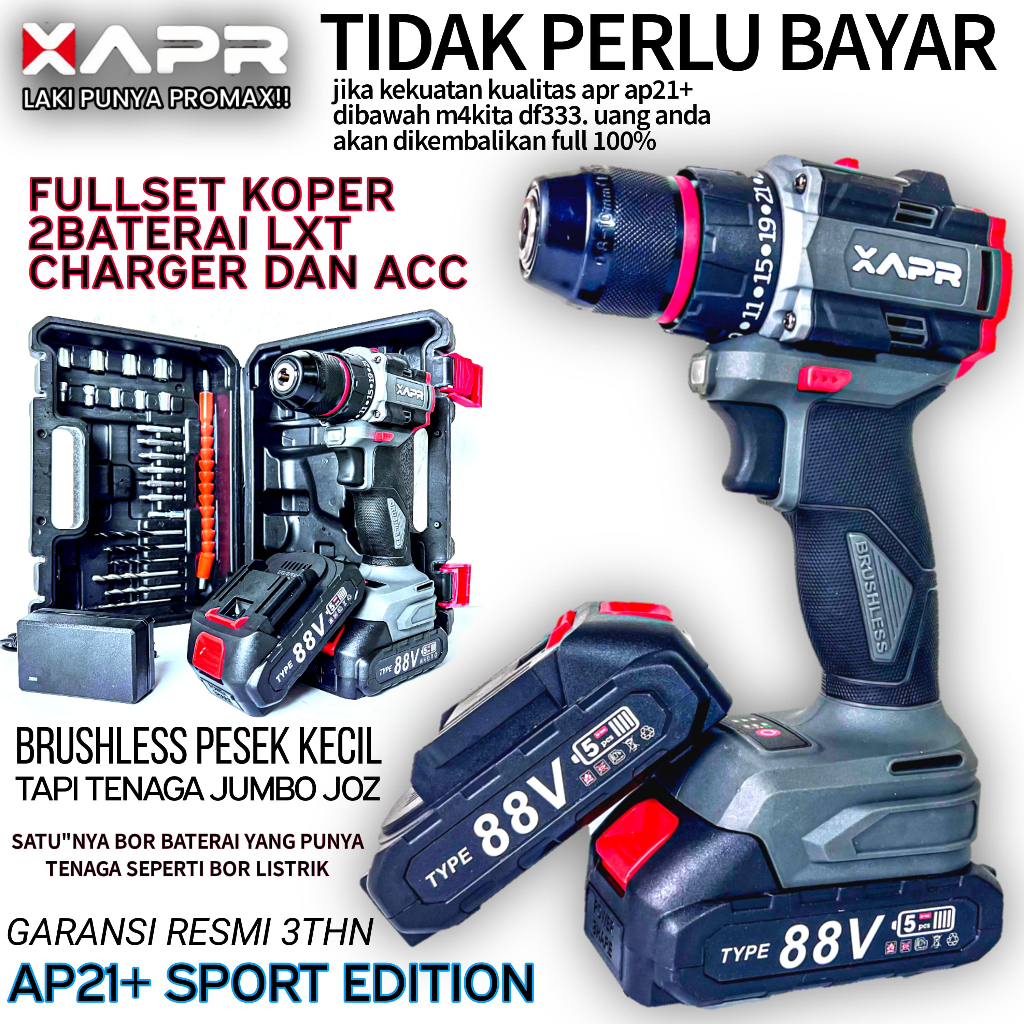 Jual XAPR AP21+ Bor Cordless 10mm GARANSI RESIMI 3THN mesin Bor Kayu Tembok Besi bolak Balik ...