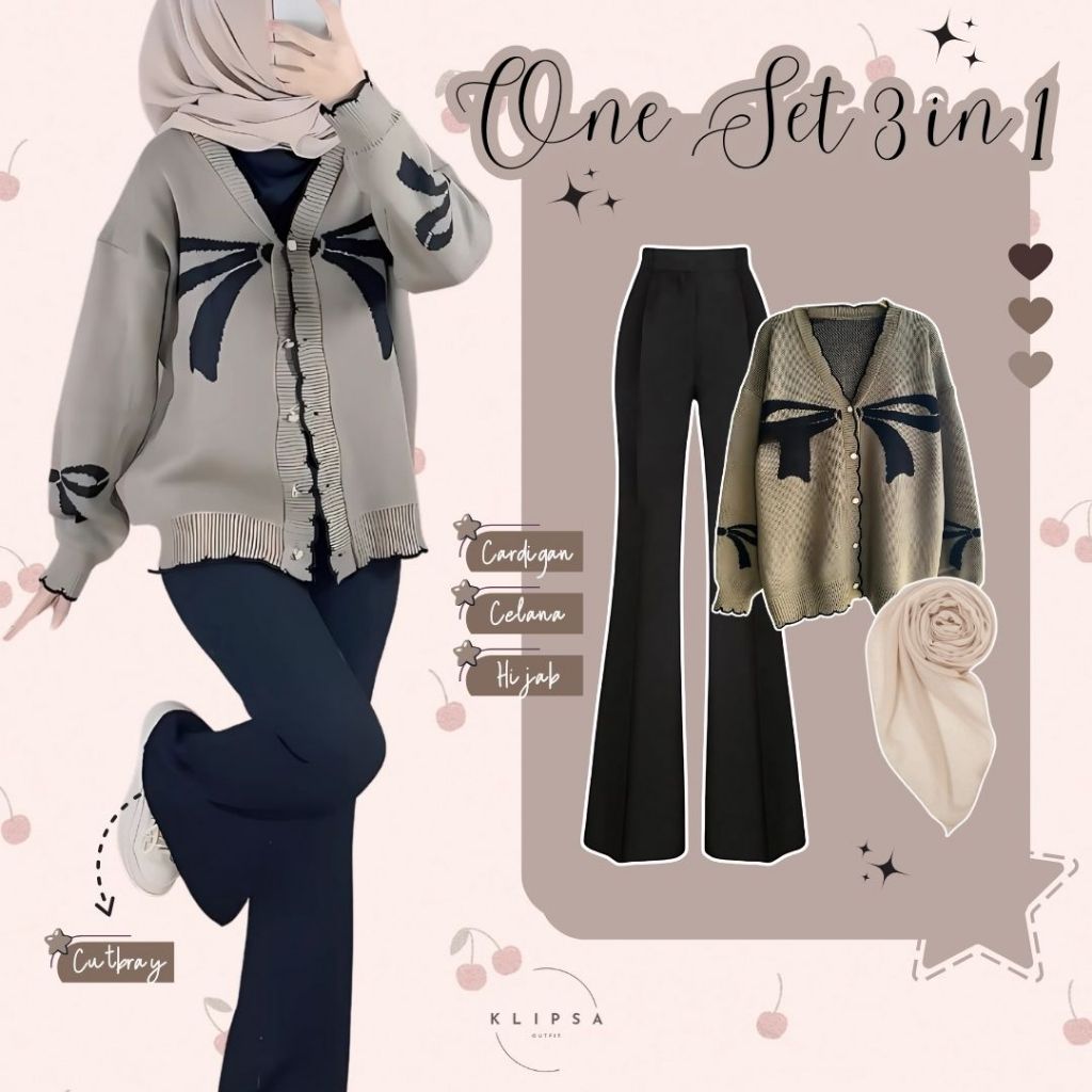 Jual One SET 3 in 1 (Cardigan, Celana, Hijab) Setelan Rajut Pita, Kulot Cutbray Hitam, Bella ...