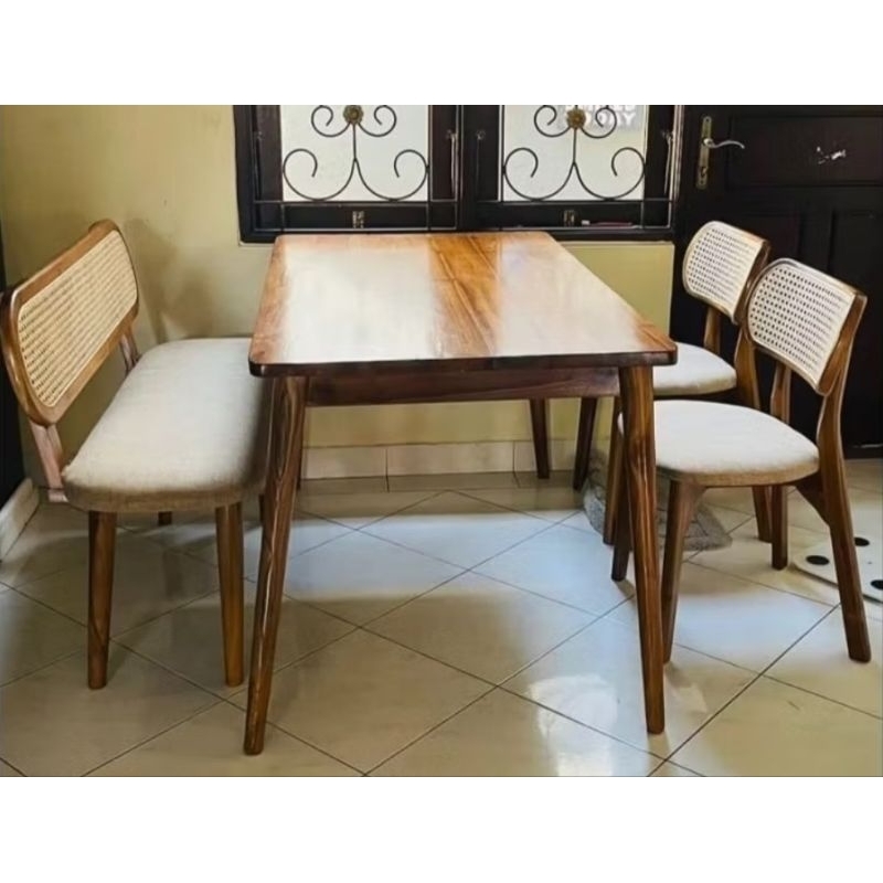 Jual set kursi makan kursi cafe kayu jati kombinasi rotan kursi cafe minimalis tebal top meja ...