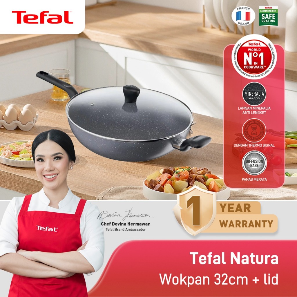 Jual Tefal Wajan Anti Lengket / Penggorengan / Pan - Natura Wokpan 32cm Dengan Tutup - Garansi 1 ...