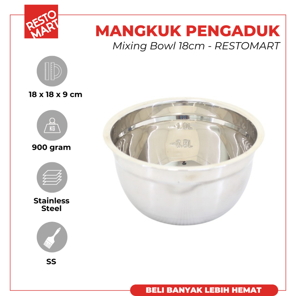 Jual Mixing Bowl 18 cm RESTOMART Stainless Steel (2611057) (F12 ...