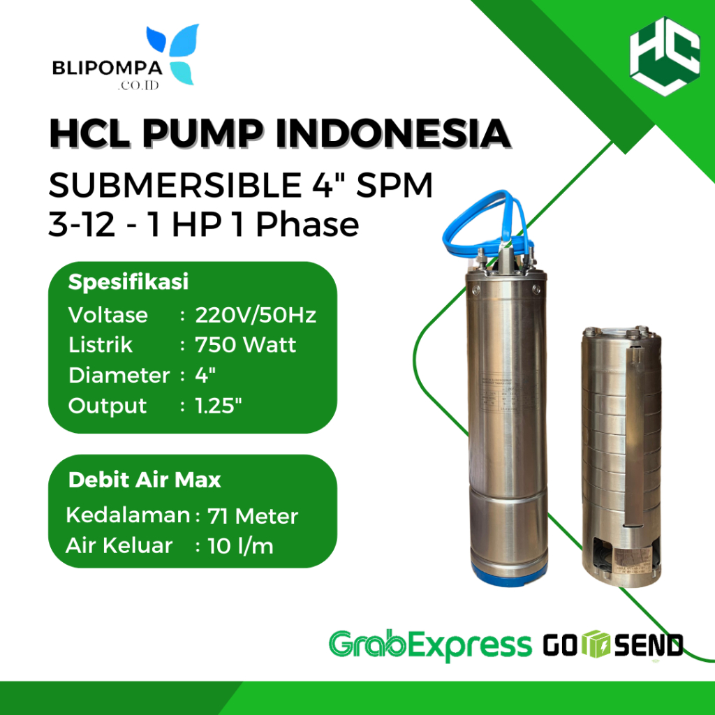Jual HCL PUMP SUBMERSIBLE 4” SPM3-12 1 HP / 1 PHASE - pompa air satelit ...