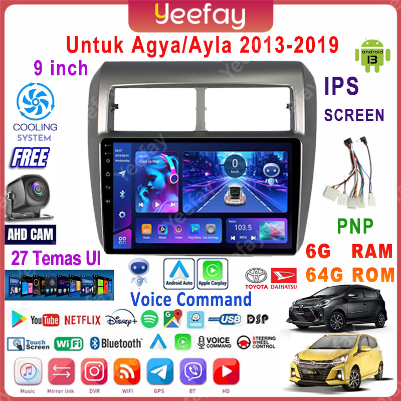 Jual Untuk Agya/Ayla 2013-2019 6G+64G Android 13 Head Unit Termasuk Frame/PNP Soket 9 Inch IPS ...