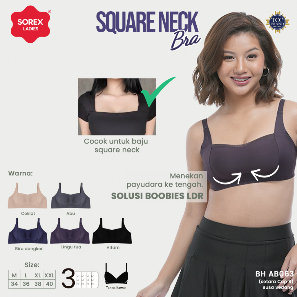 Jual Sorex Square Neck Bra Tanpa Kawat Cup 1/2 Seamless Kait 3 Busa Sedang Cup B BH AB063 ( AB ...