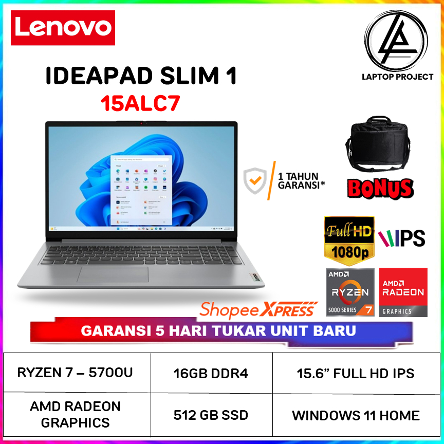 Jual Laptop Lenovo IdeaPad Slim 1 15 ALC7 Ryzen 7 5700U 16GB 512GB SSD 15.6" FHD IPS Windows 11 ...