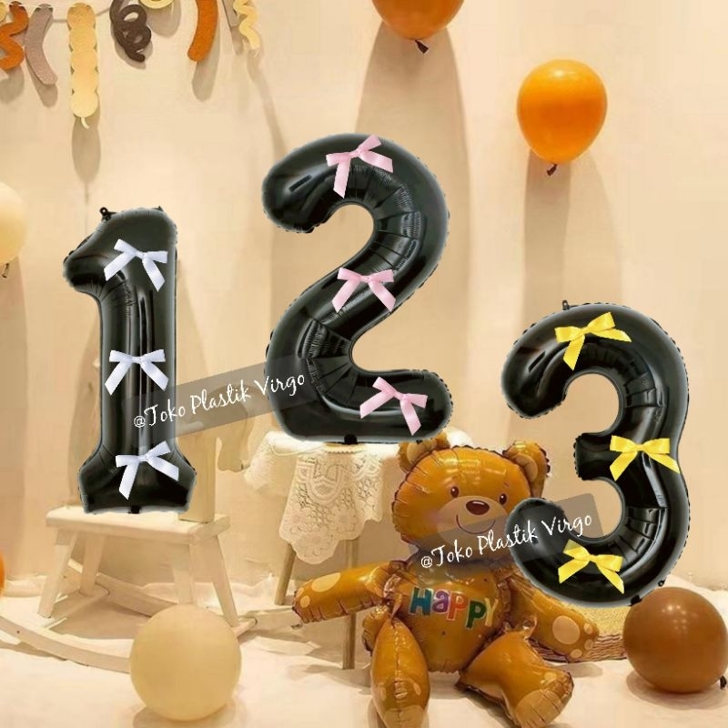 Jual Paket Balon Foil Angka HITAM + Pita Coquette Pink | Biru | Merah ...